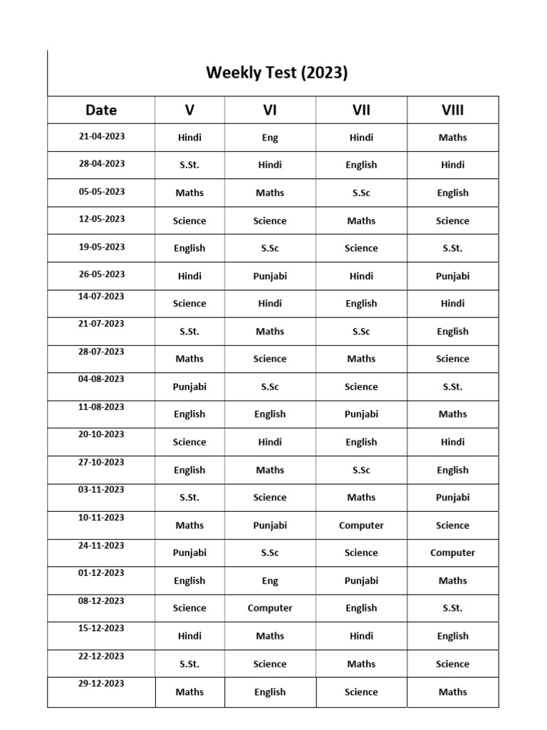 Weekly Test Schedule 2023 | PDF | Teaching Methods & Materials