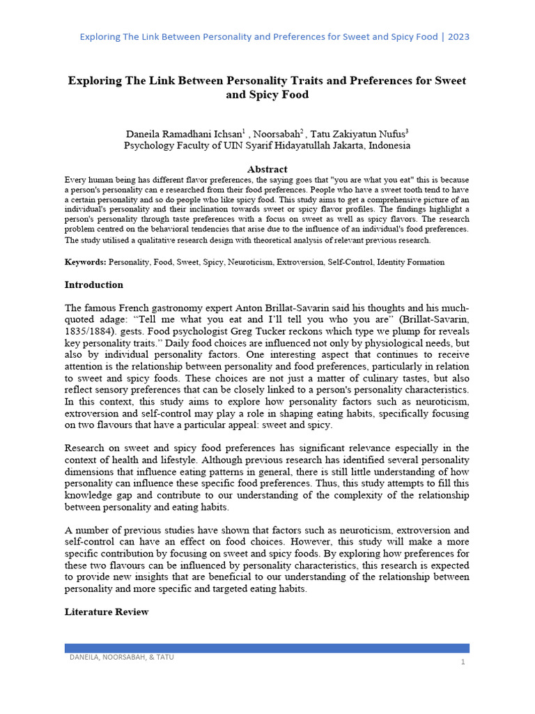 English Journal Exploring The Link Between Personality Traits and Preferences For Sweet and ...