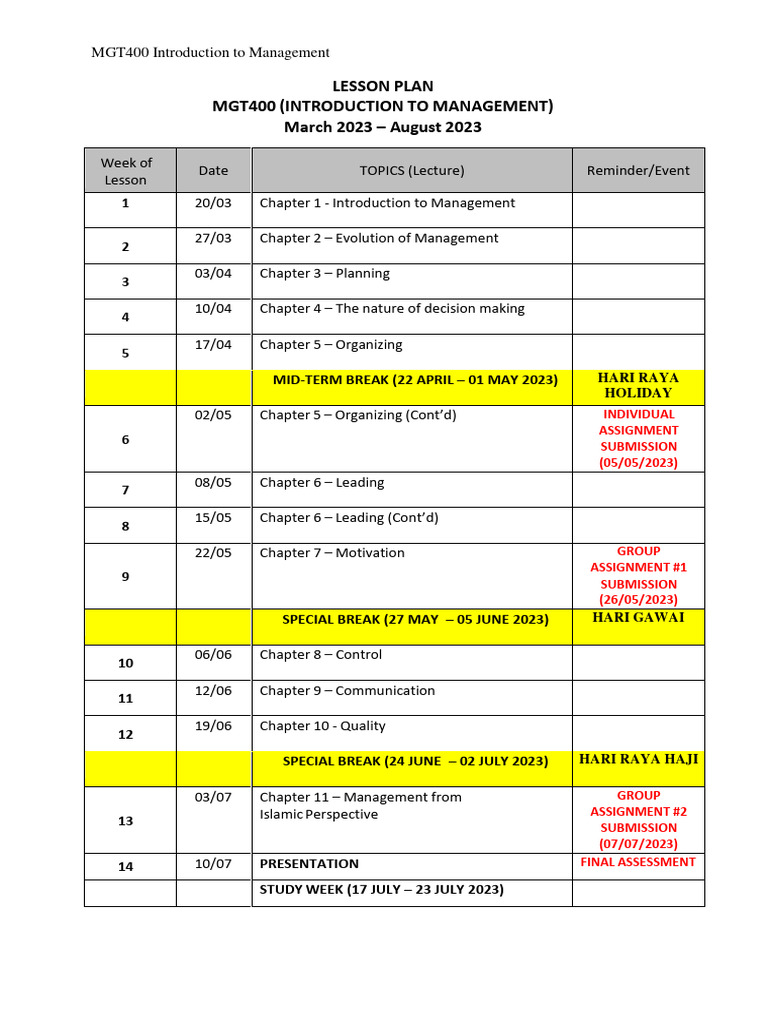 Lesson Plan MGT400 Mar Aug 2023 | PDF