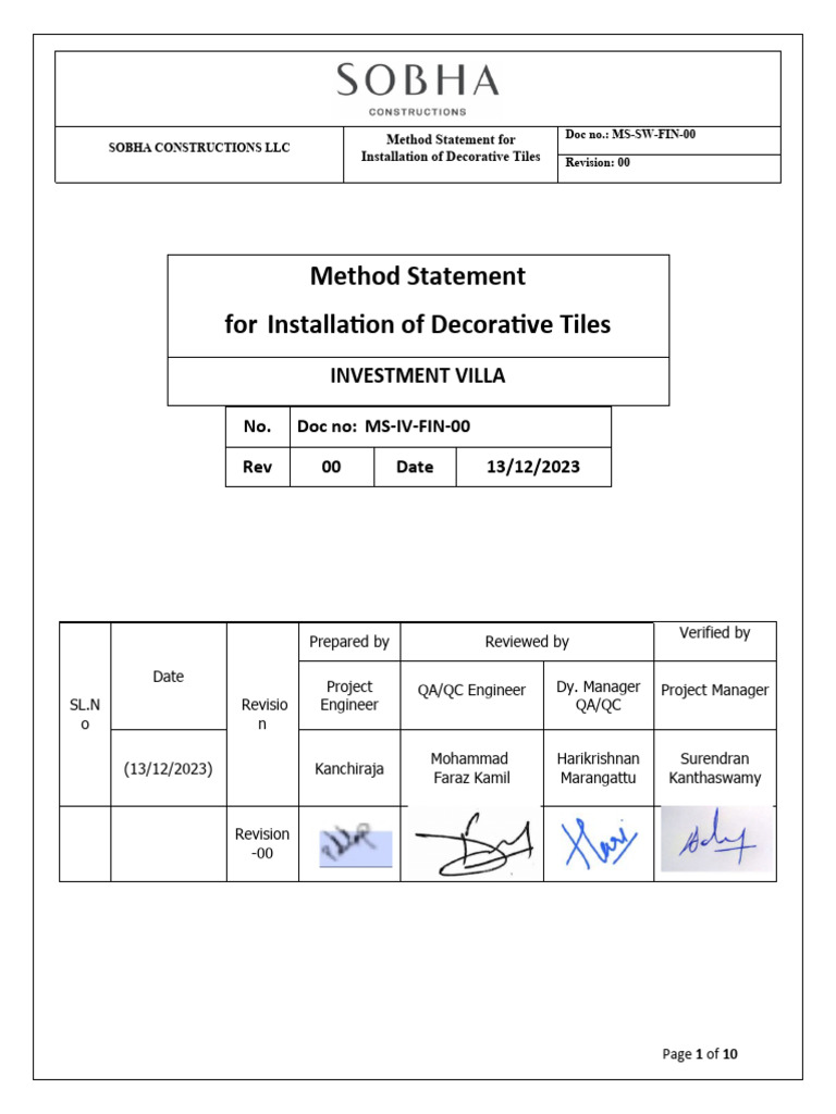 Method statement and risk analysis for Porcelain Tile External Area | PDF