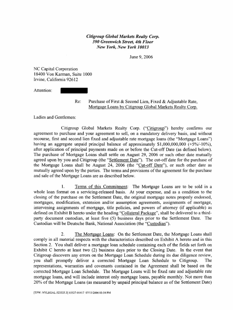 CMLTI 2006-NC2 Citi Commitment Letter | PDF | Adjustable Rate Mortgage ...