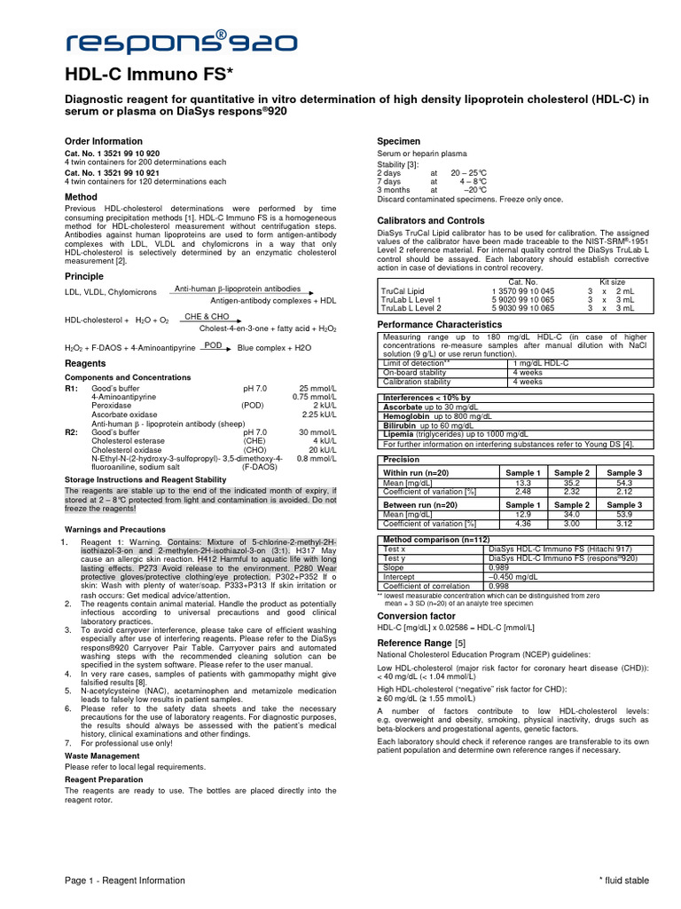 IFU - R920 e HDLC - IMMUNO 13 | PDF | High Density Lipoprotein | Lipoprotein
