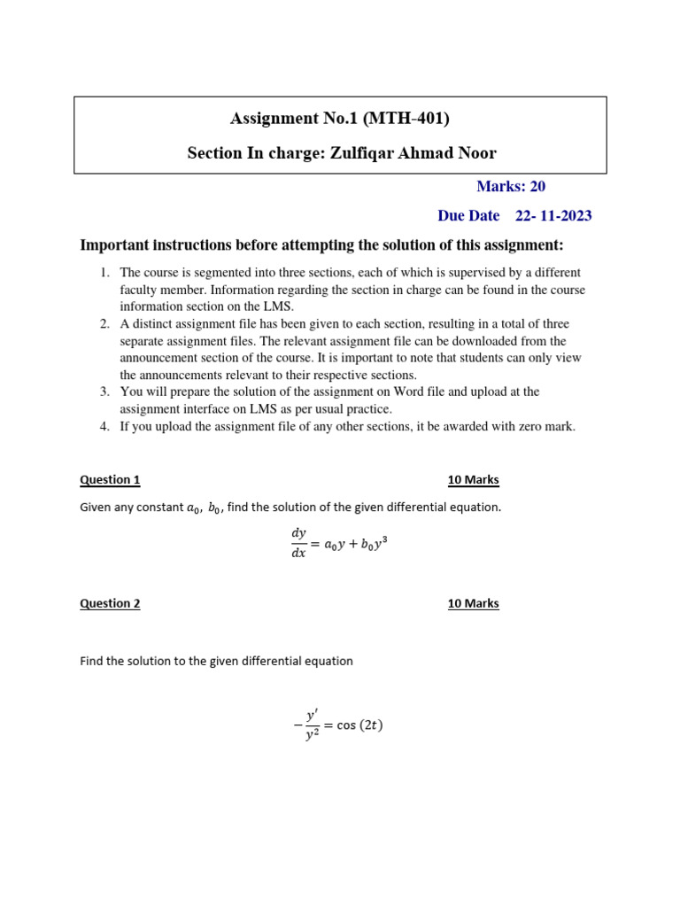 Assignment 1 MTH 401 ZAN | PDF