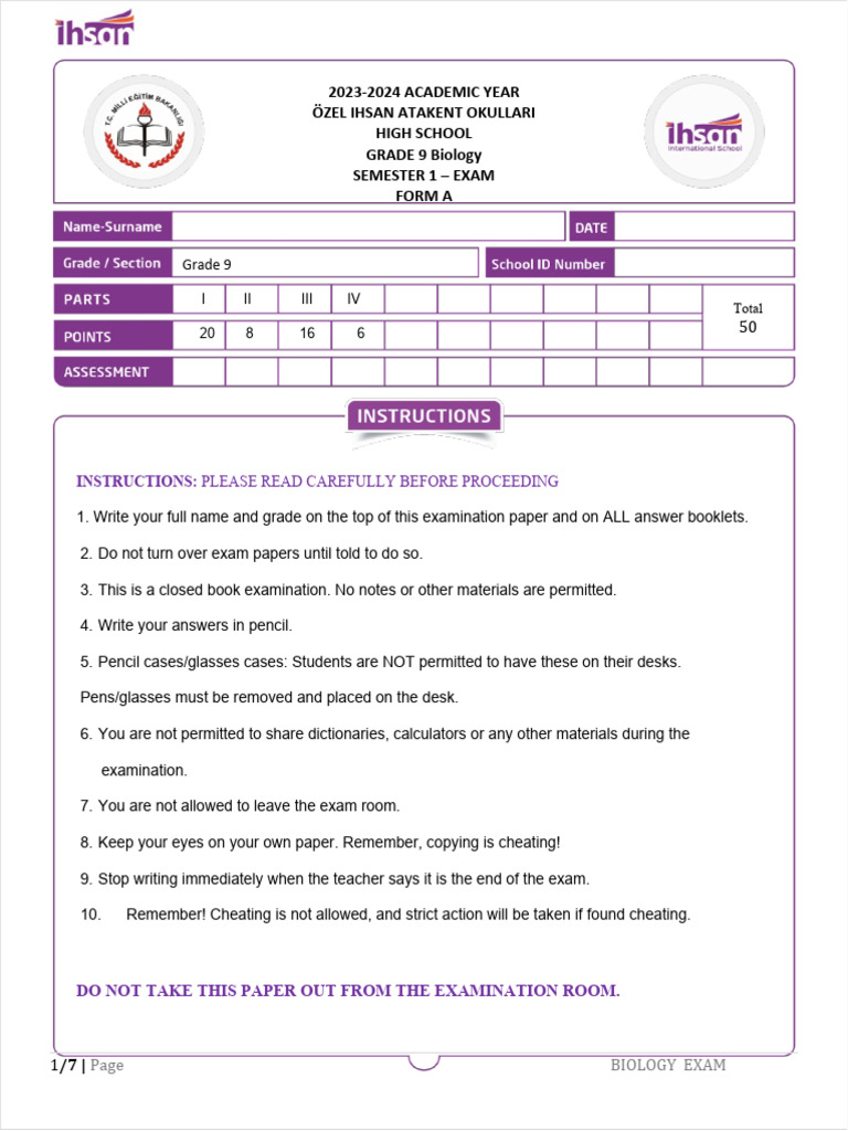 Grade 9 Midterm Exam Version A | PDF | Cell (Biology) | Lysosome