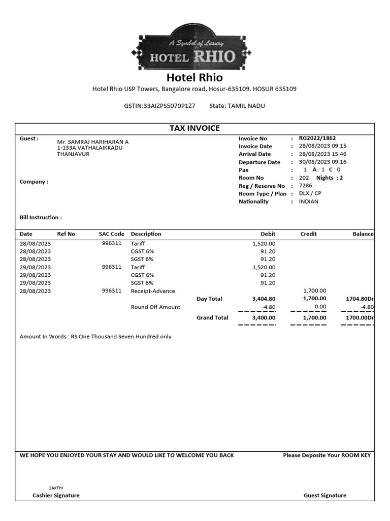Hotel Bill | Download Free PDF | Invoice | Taxation