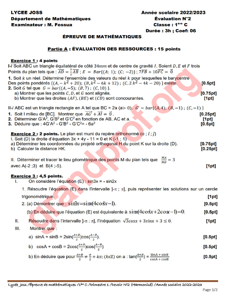 Maths 1erec Evaluation2 Lycee Joss 2022 2023 | PDF