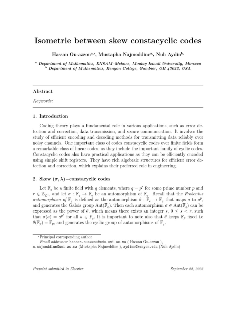 Isometries Between Skew Constacyclic Codes | PDF | Field (Mathematics) | Mathematics