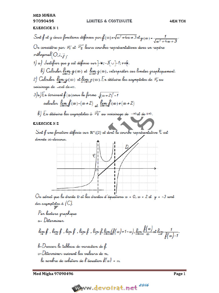 Série d'exercices N°1 - Math - Limite et contuinite - Bac Technique (2014-2015) Mr Med Migha | PDF