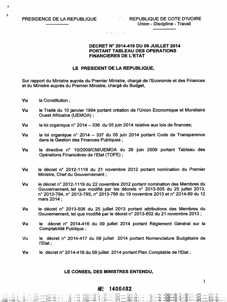 Decret de 2014 Portant Tableau Des Operations Financieres de L'etat | PDF