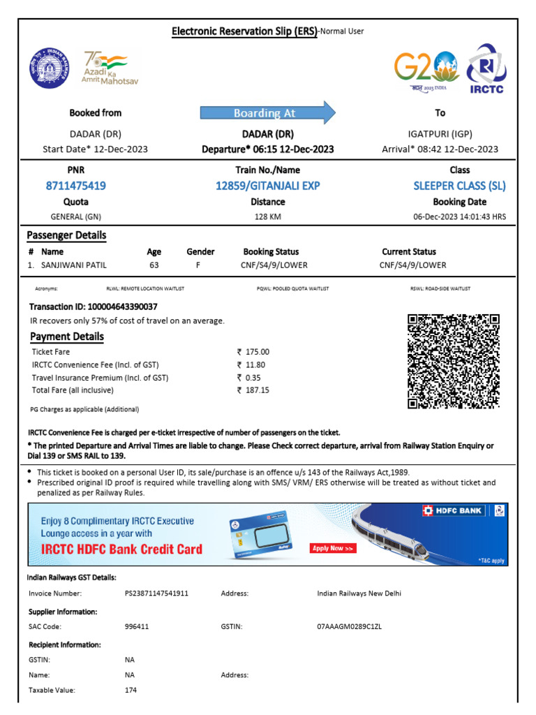 12859/gitanjali Exp Sleeper Class (SL) | PDF | Identity Document