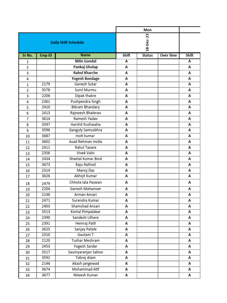 Daily Employee Shift Schedule 2023 | PDF
