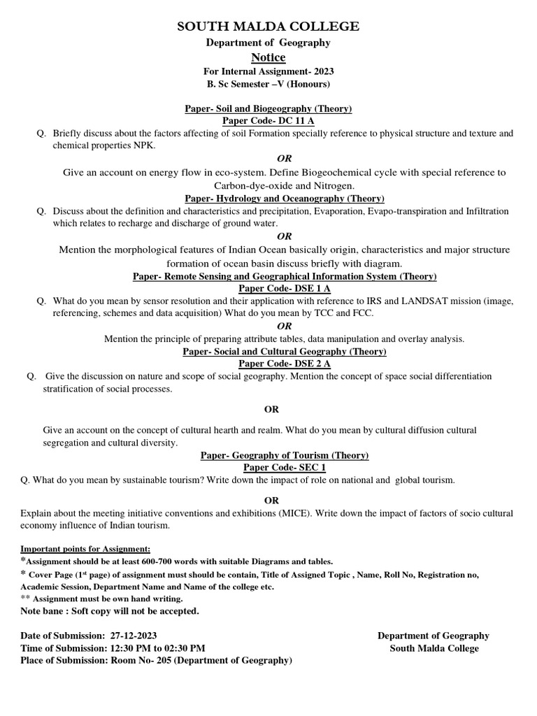 Notice For Internal Assignment of SEM V 2023 | PDF | Geography | Hydrology