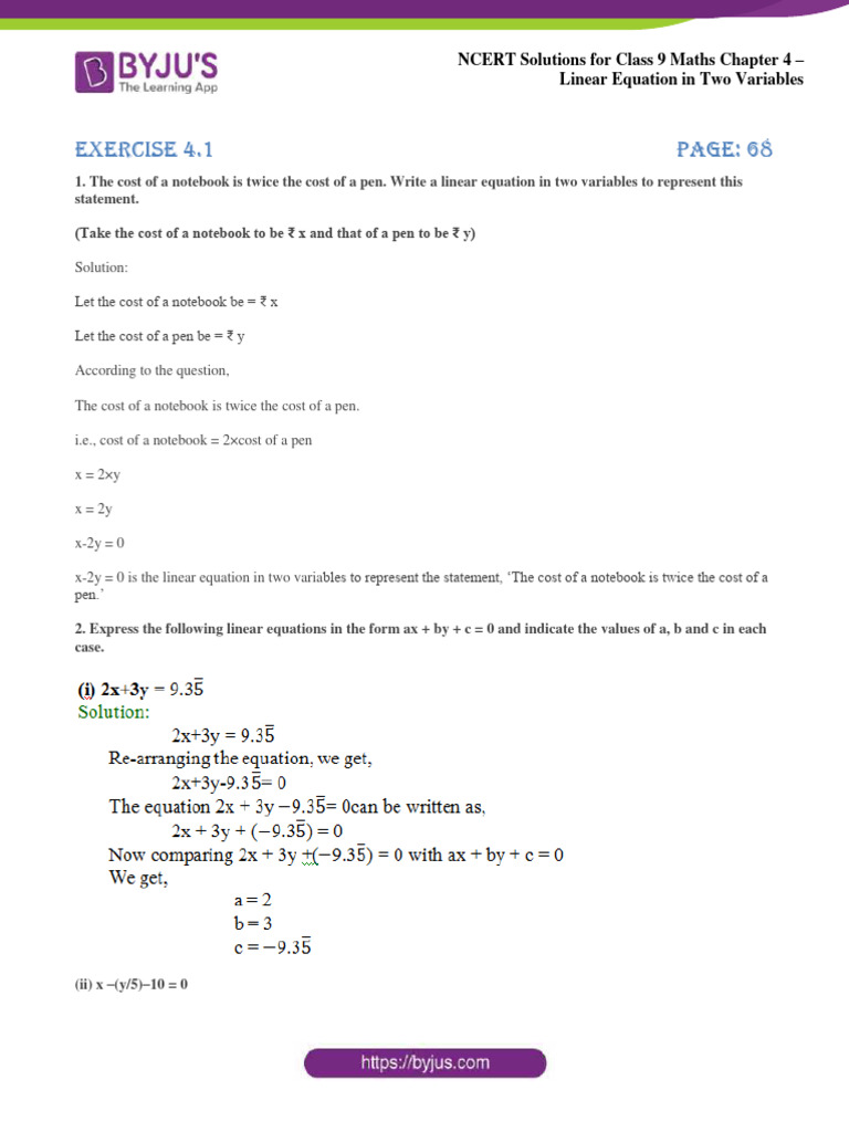 NCERT Solutions For Class 9 Maths Chapter 4 Linear Equation in Two ...