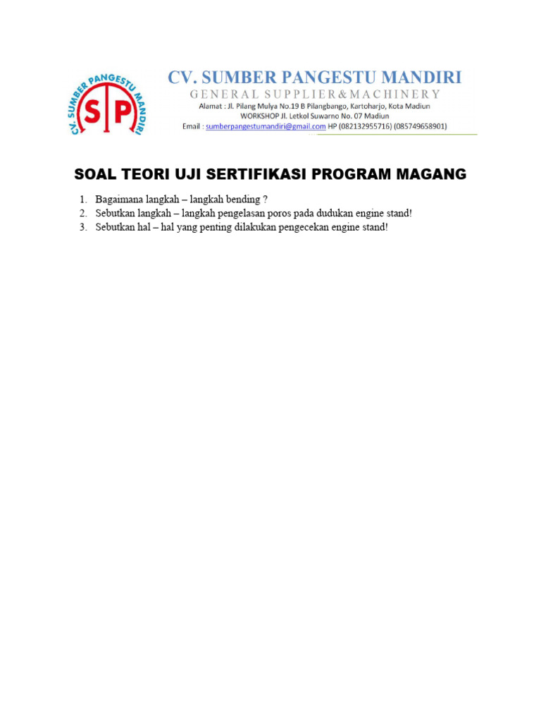 Soal Teori Uji Sertifikasi Program Magang | PDF