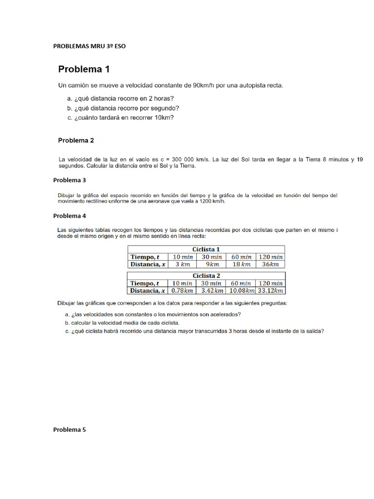 Problemas de MRU para 3º ESO | PDF