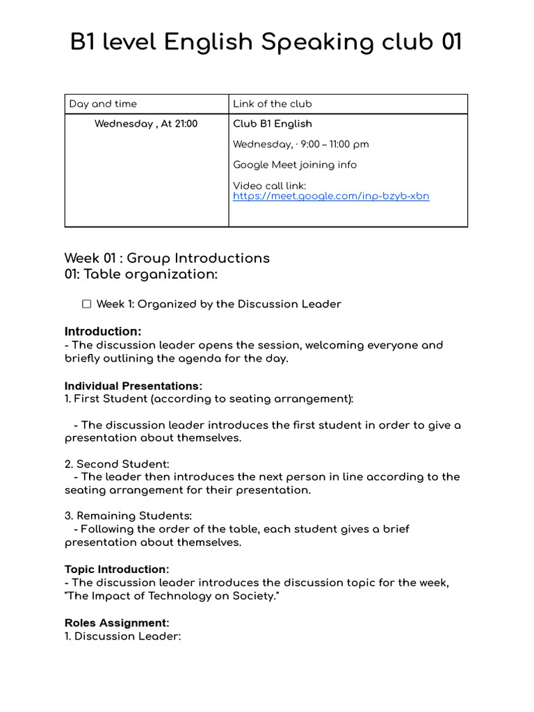 B1 Level English Speaking Club | PDF