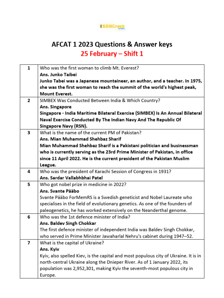AFCAT 1 2023 Questions Answerkeys 25 Feb Shift 1 2 Combined | PDF