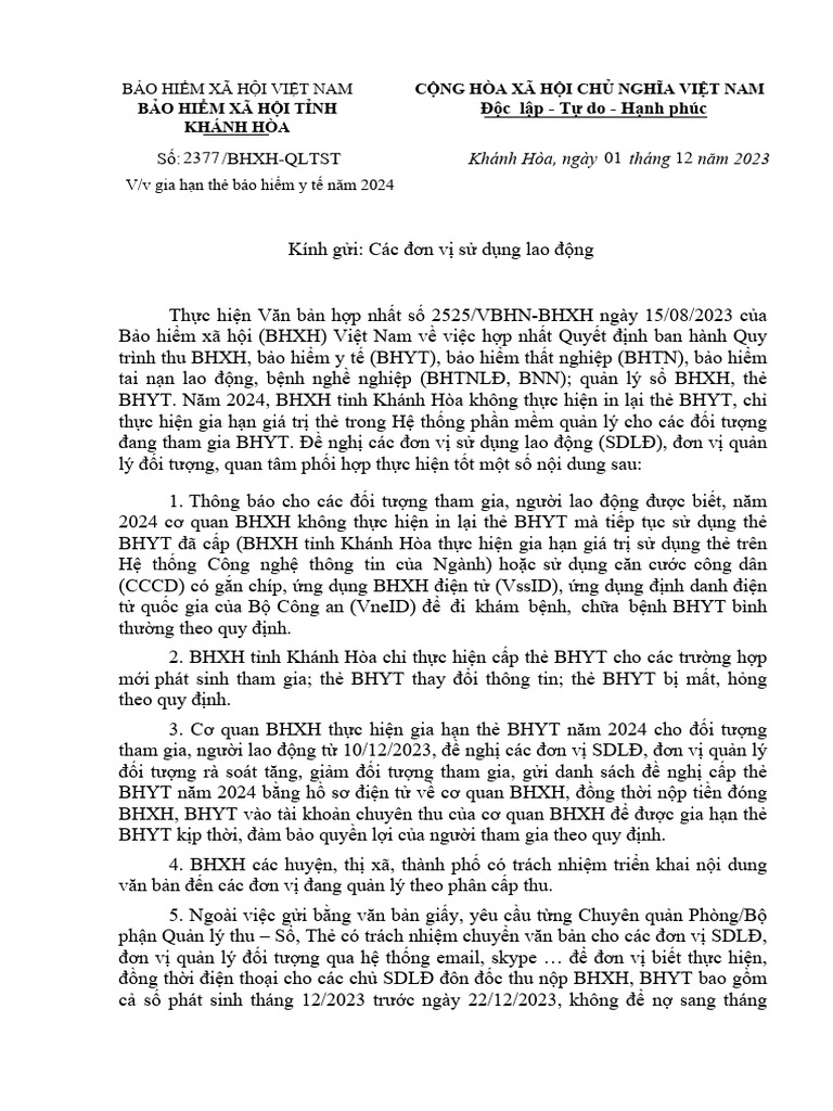 VB Gui DVSDLD - Gia Han The Bhyt 2024 | PDF