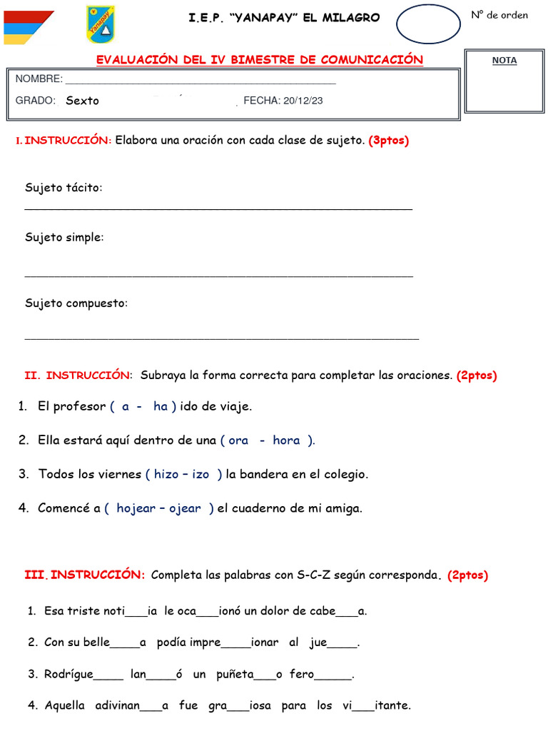 Evaluación Del Cuarto Bimestre De Comunicación Sexto Grado Pdf