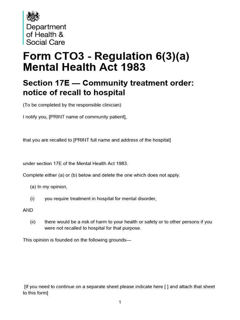 Form CTO3 Section 17E - Community Treatment Order - Notice of Recall To Hospital | PDF