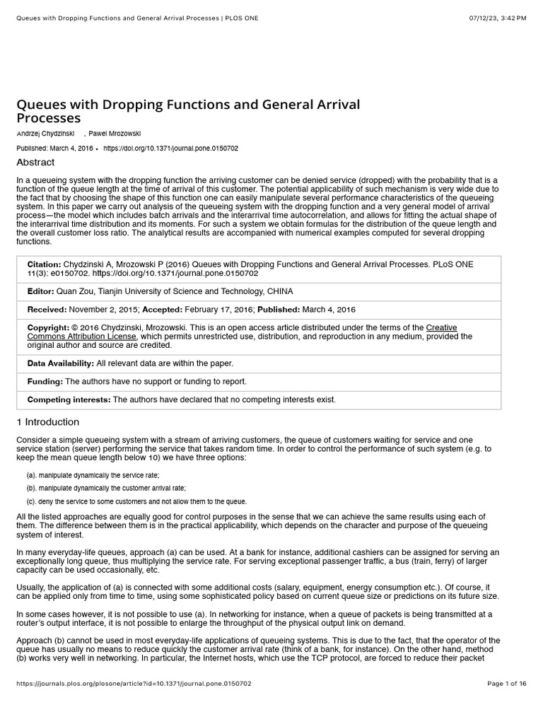Queues With Dropping Functions and General Arrival Processes - PLOS ONE ... Queues With Dropping Functions and General Arrival Processes - PLOS ONE ...