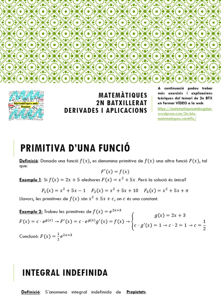 Càlcul de Primitives I Problemes Integració - MATES 2n | PDF