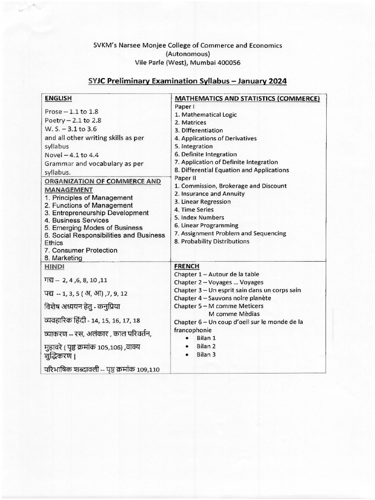 SYJC Preliminary Examination Syllabus - January 2024 | PDF
