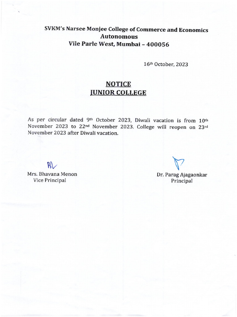 Notice of Diwali Vacation Nov. 2023 24. | PDF