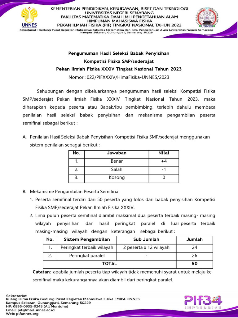 Pengumuman Hasil Penyisihan SMP PIF 34 2 | PDF