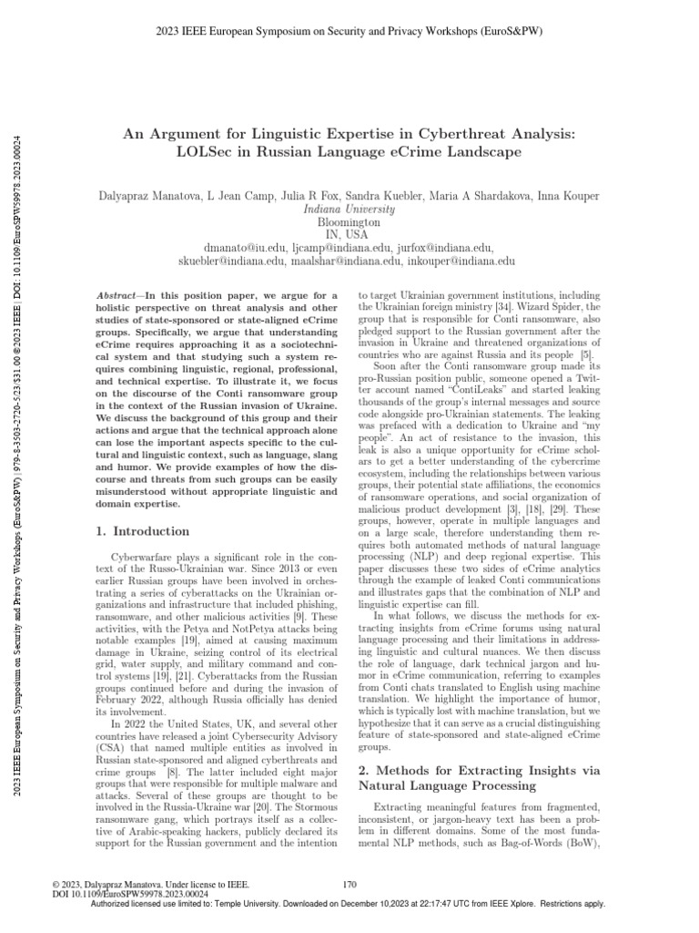 An Argument For Linguistic Expertise in Cyberthreat Analysis LOLSec in Russian Language Ecrime ...