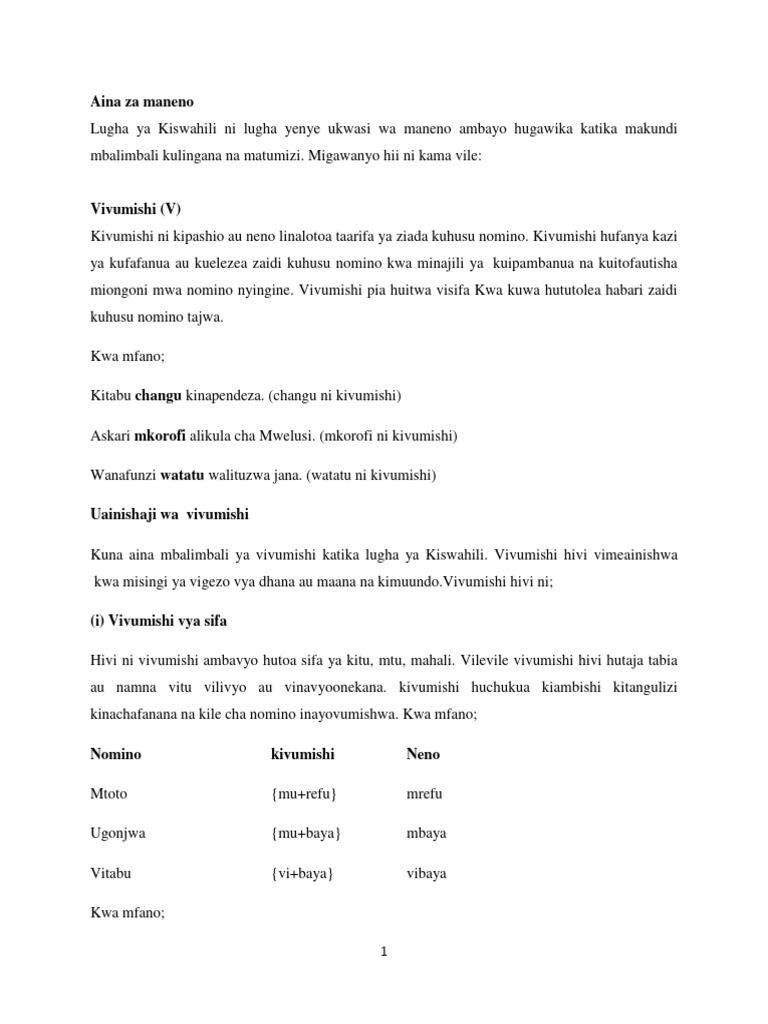 Aina Mbalimbali Za Maneno Ya Kiswahili | PDF