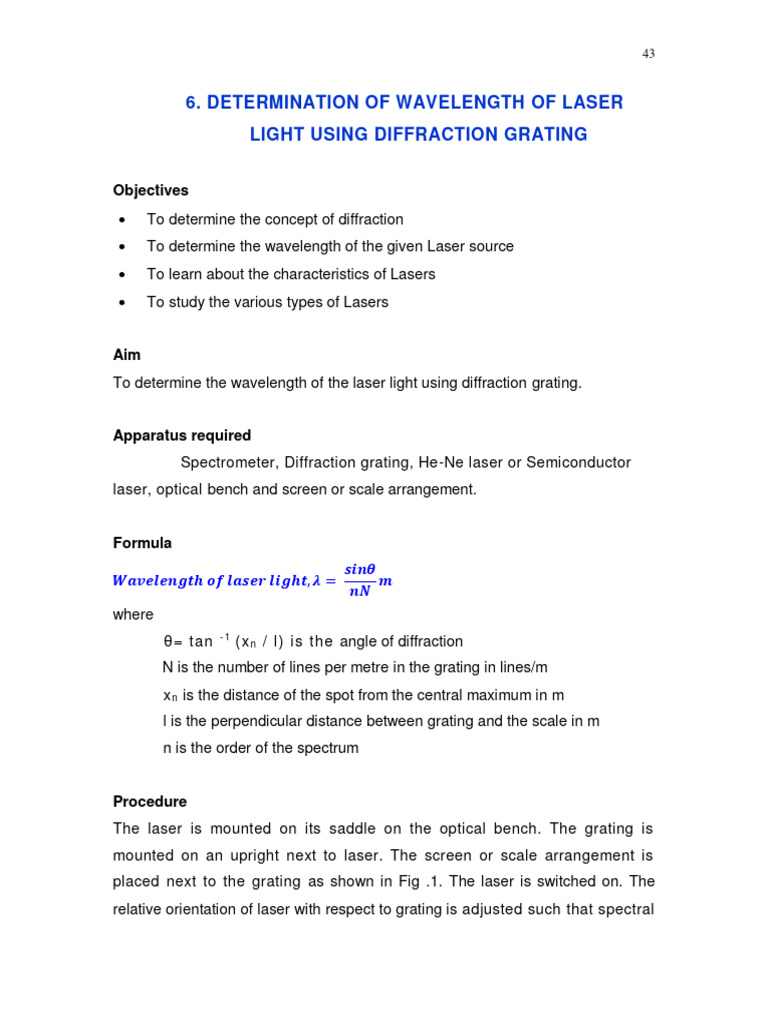 Determination of Wavelength of Laser Light Using Diffraction Grating | PDF | Diffraction ...
