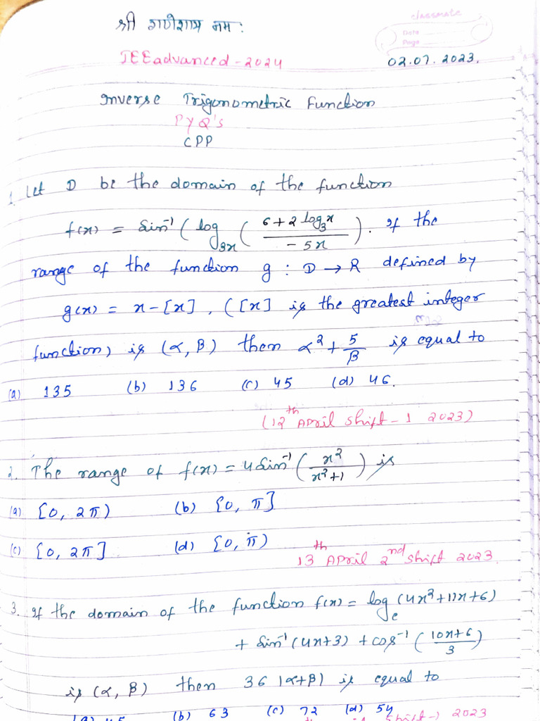 Inverse Trignometric Functions Jee Adv Pyqs Pdf