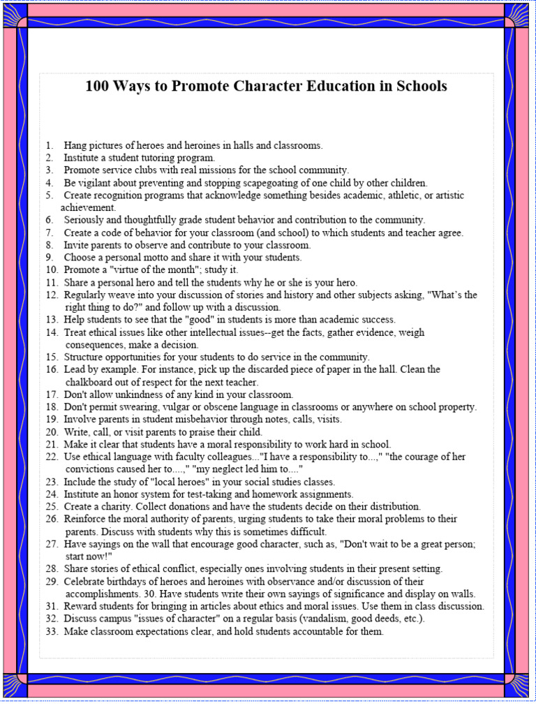 Promote Character Education in Schools | PDF | Teachers | Hero