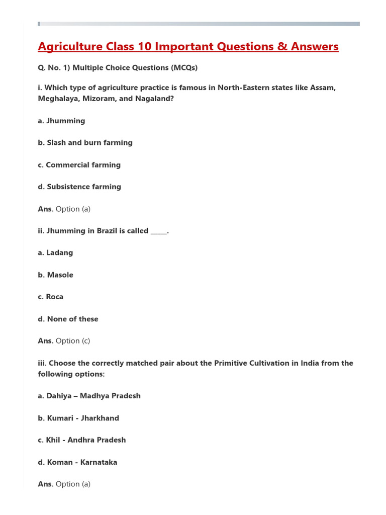 WWW Cbseguidanceweb Com Agriculture Class 10 Important Questions ...