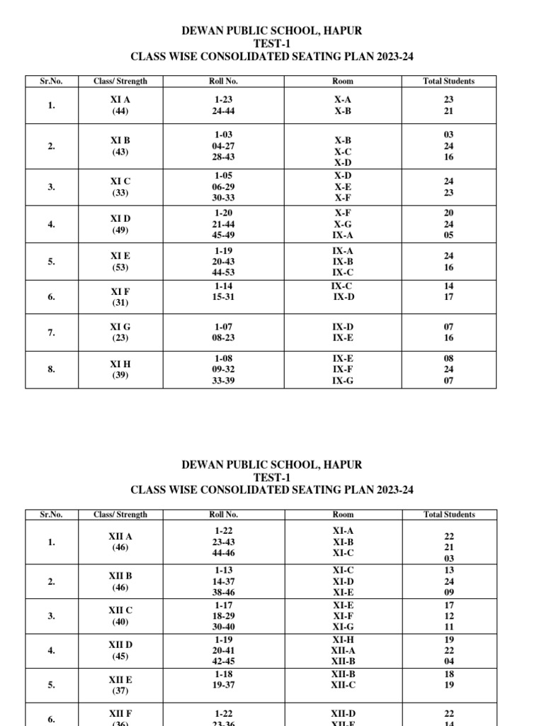Xi-Xiiconsolidated Seating Plan 2023-24 | PDF