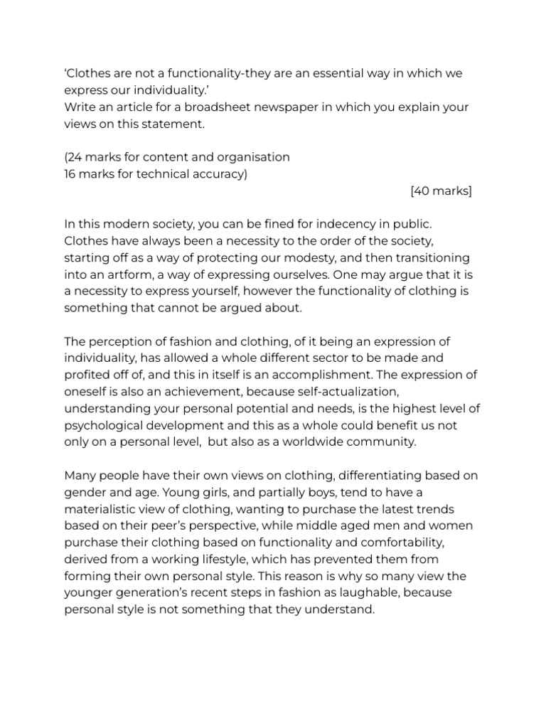 40 Mark Question | PDF | Clothing | Fashion