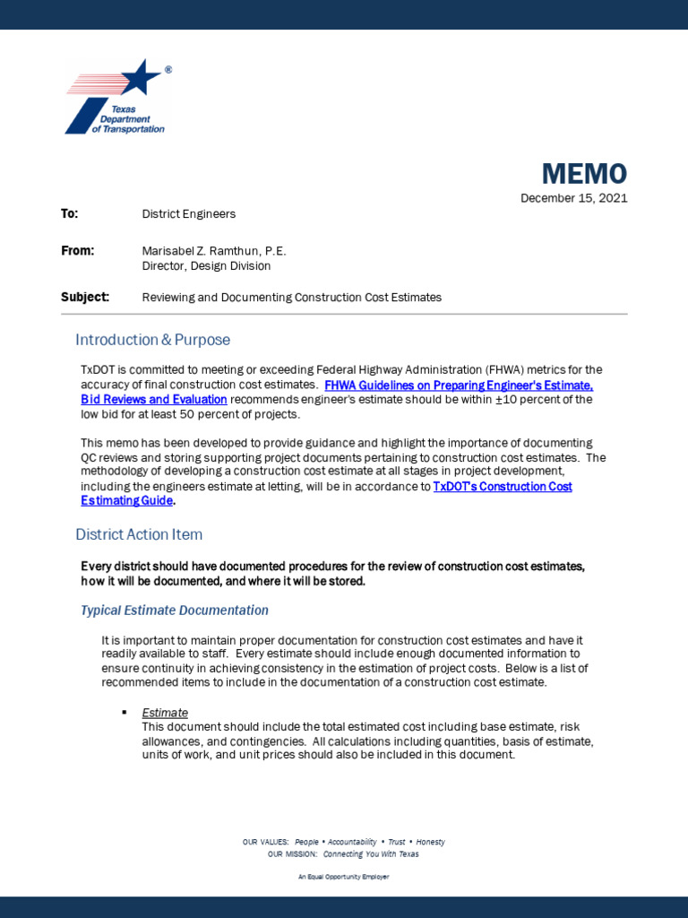 Construction Cost Estimates Memo | PDF | Business