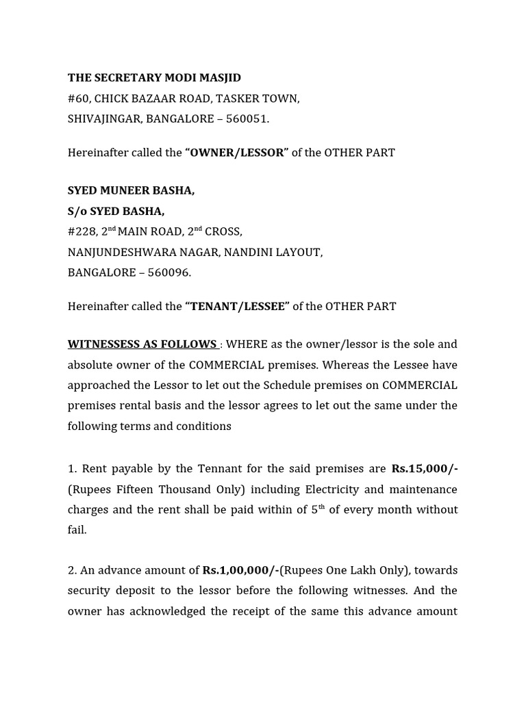 Muneer Retyped Rental Agreement | PDF | Lease | Common Law