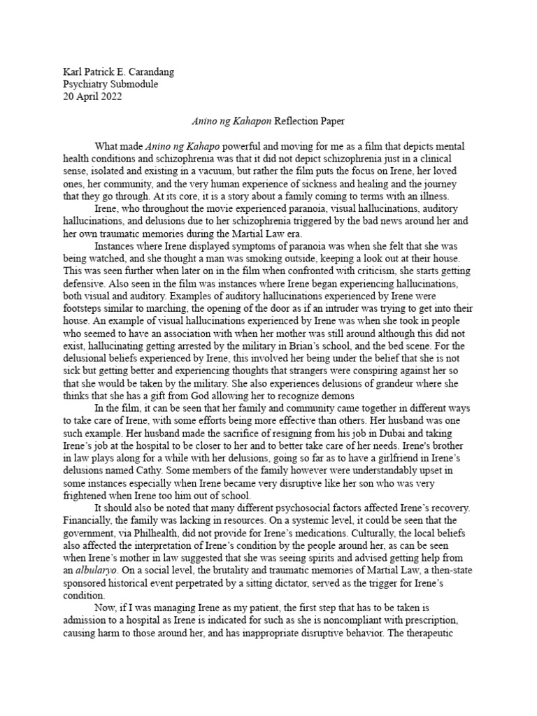 Anino NG Kahapon Reflection Paper - Carandang | PDF | Delusion ...