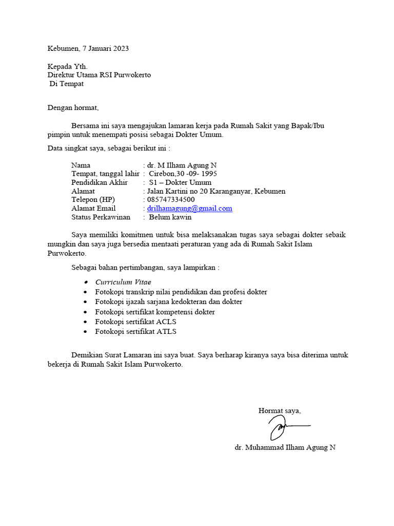 SURAT LAMARAN RSI Purwokerto | PDF