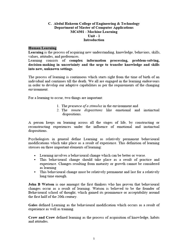 Machine Learning Unit 1 Overview | PDF | Machine Learning | Behaviorism