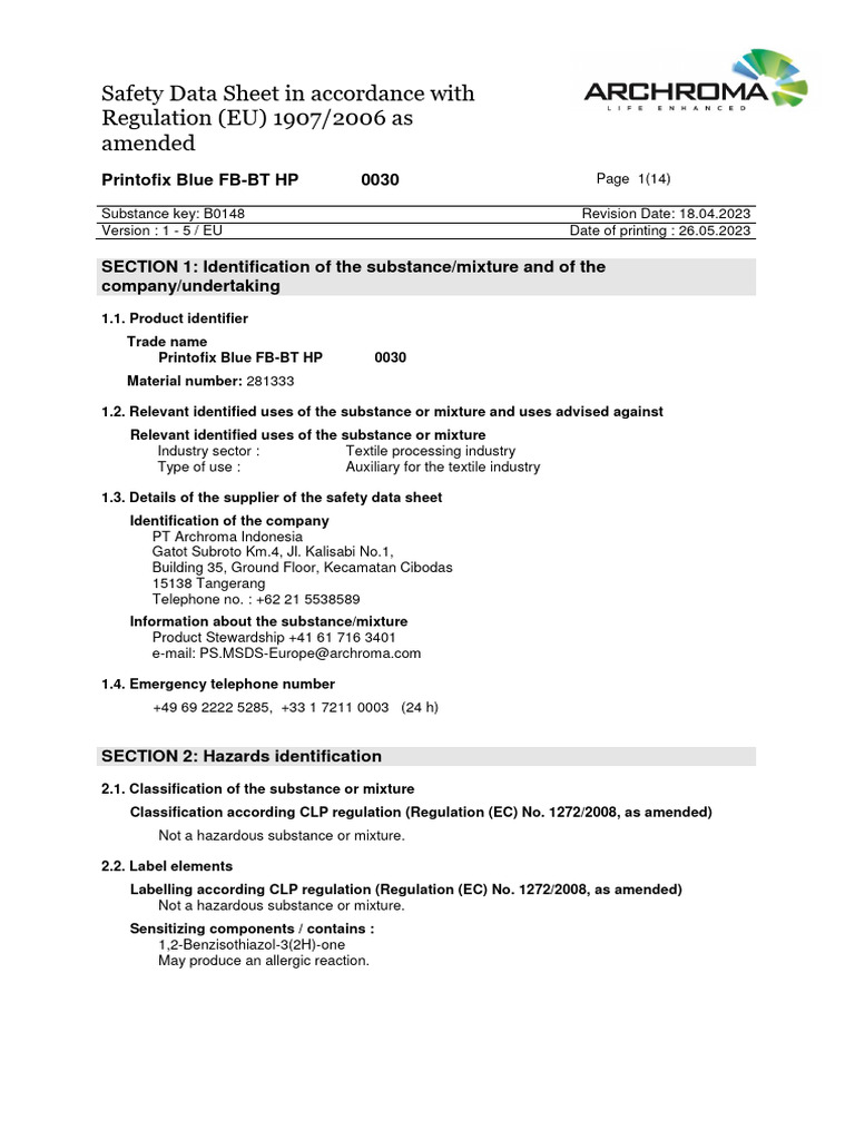 MSDS Printofix Blue FBBT - European Community - English | PDF