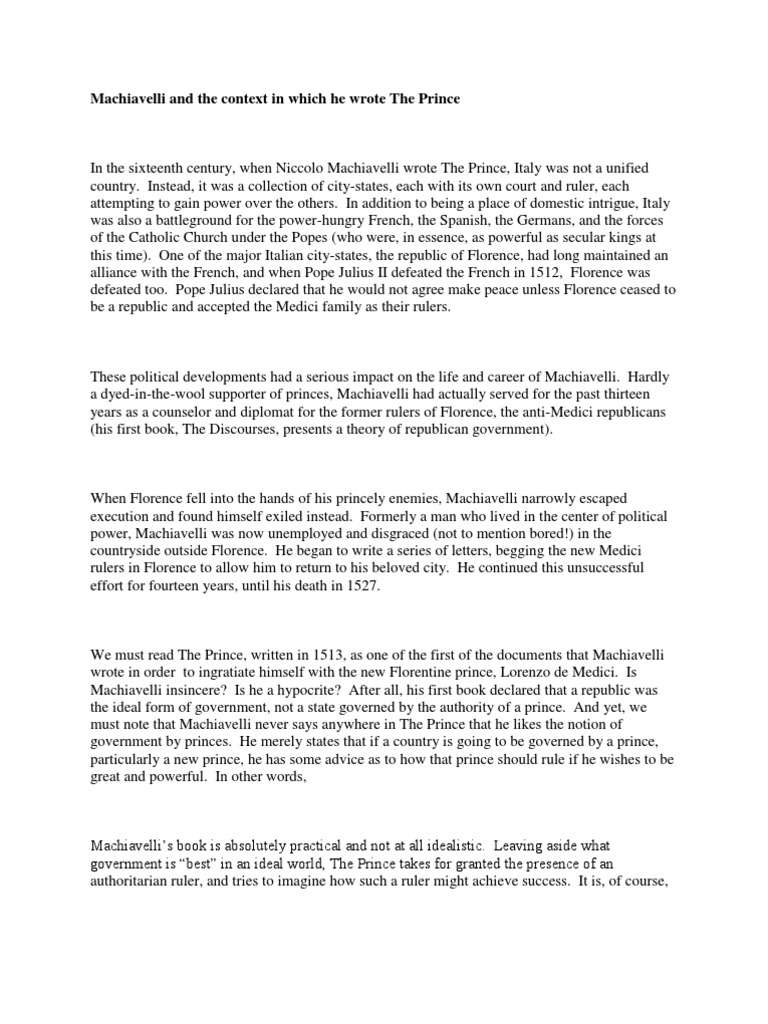 Machiavelli and The Context in Which He Wrote The Prince | PDF | The ...