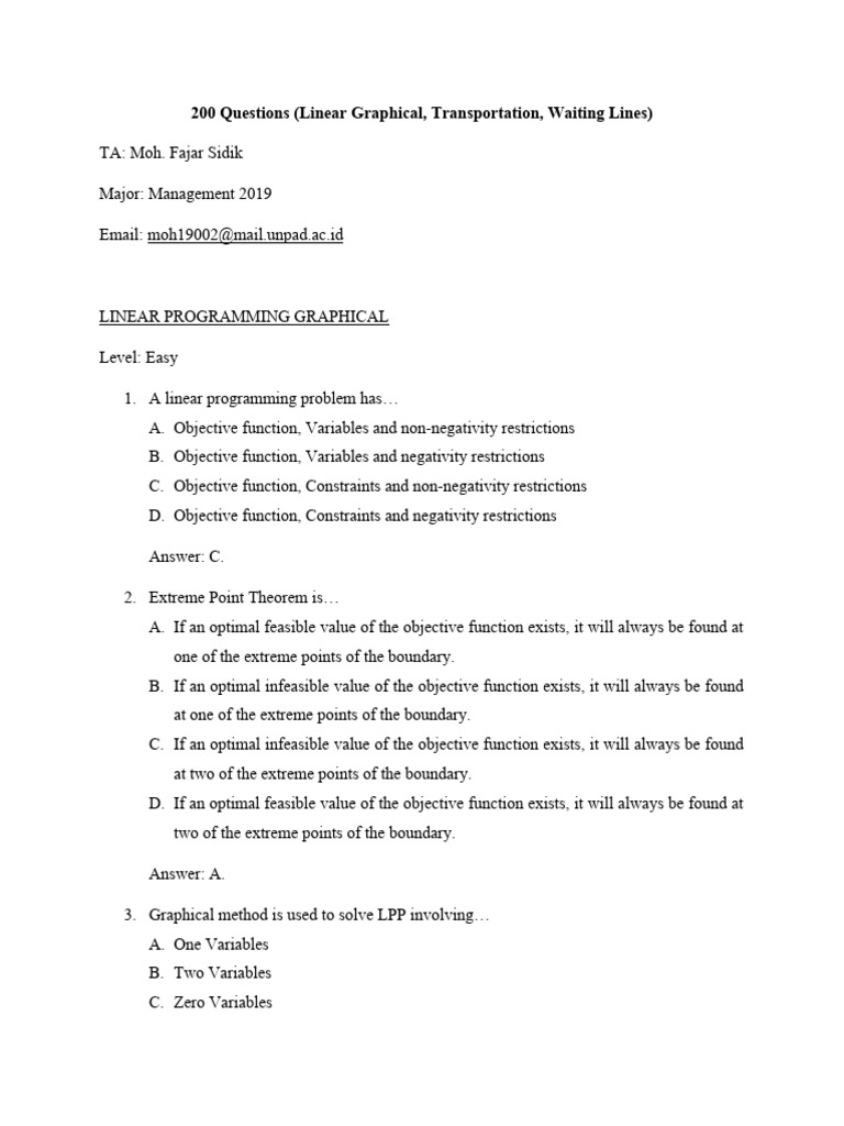 200 Questions, Graphical, Transportation and Waiting Lines | PDF | Mathematical Optimization ...