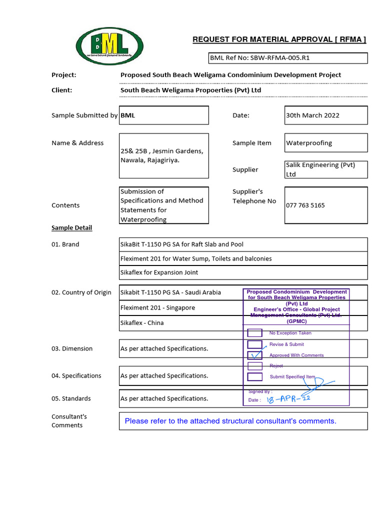 SBW-RFMA-005R1 - Engineer's Approval | PDF | Building Materials | Building Engineering