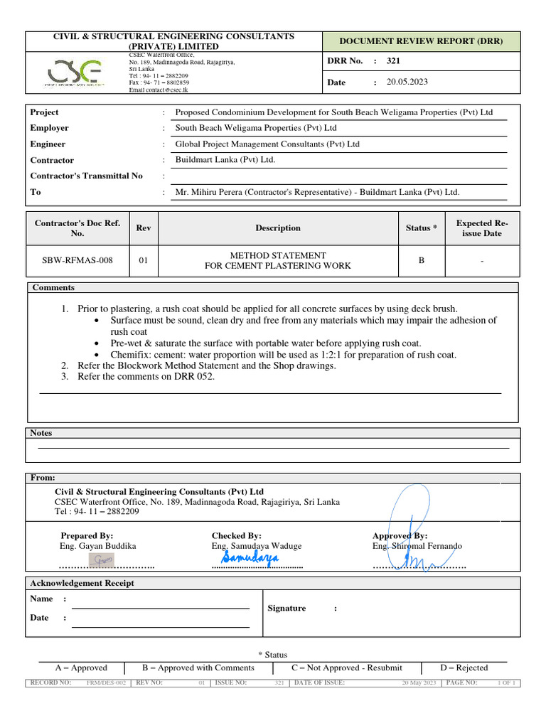 SBW-RFAMS-008-Submission of Method Statement For Plastering Work | PDF | Plaster | Concrete
