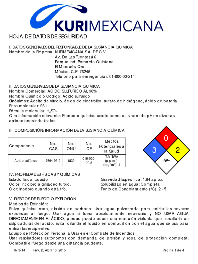 Ac Sulfurico MSDS Kuri | PDF | Ácido sulfúrico | Agua