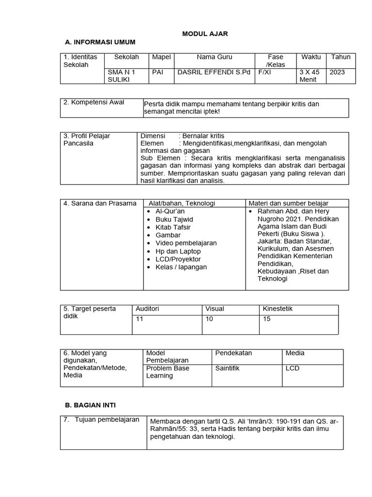 Modul Ajar 1 Pai Xi.f | PDF