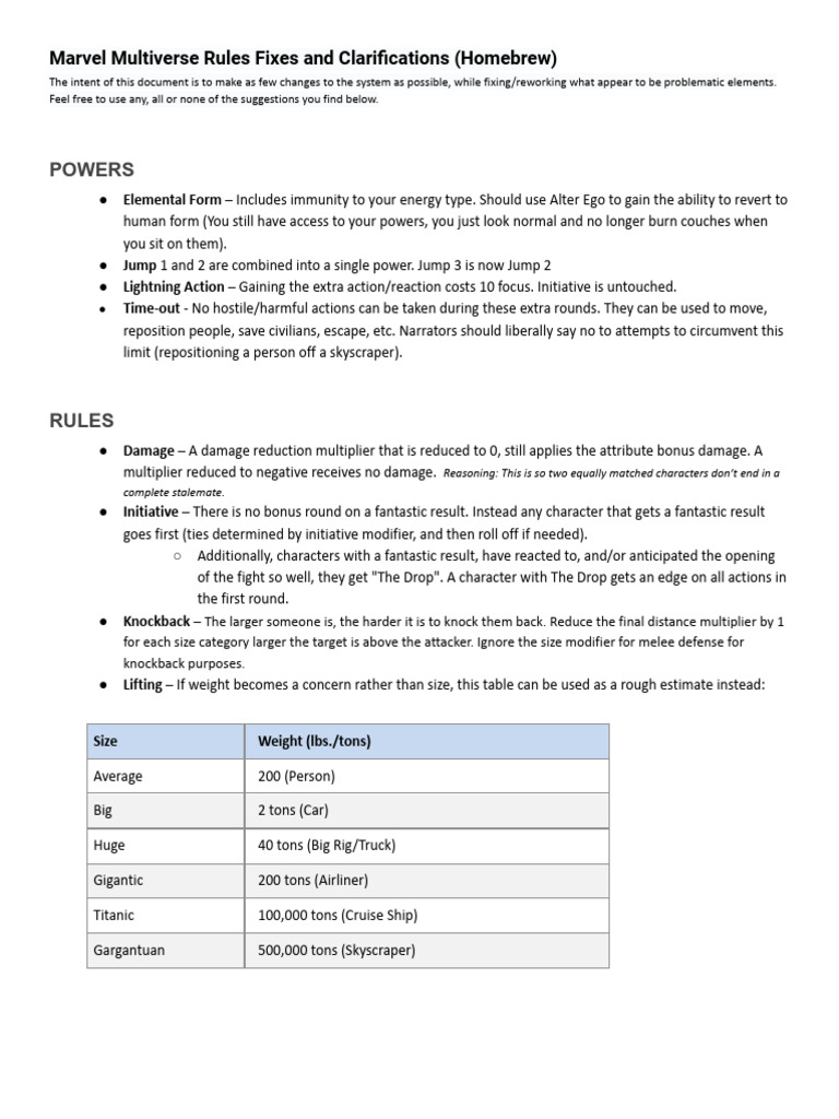 Marvel Multiverse Rules Fixes and Clarifications (Homebrew) | PDF